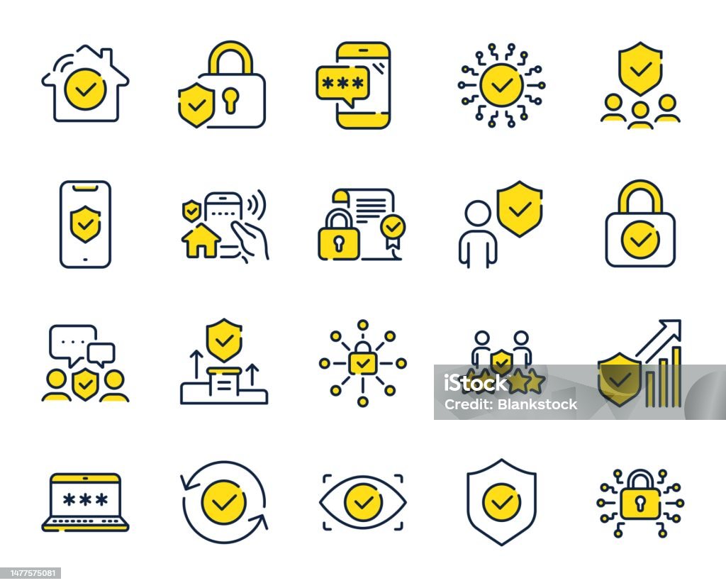 Security Line Icons Cyber Lock Password Unlock Guard Shield Home