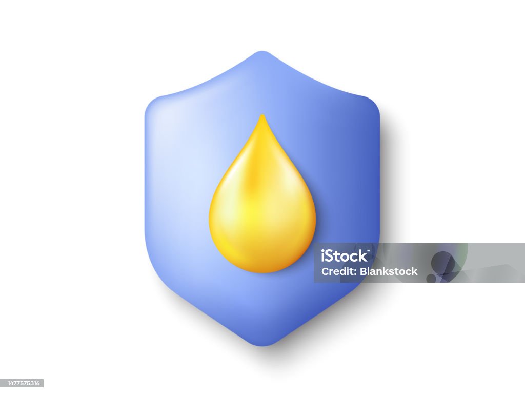 Ilustración De Gota 3d De Aceite En El Icono Del Escudo Gota Dorada De