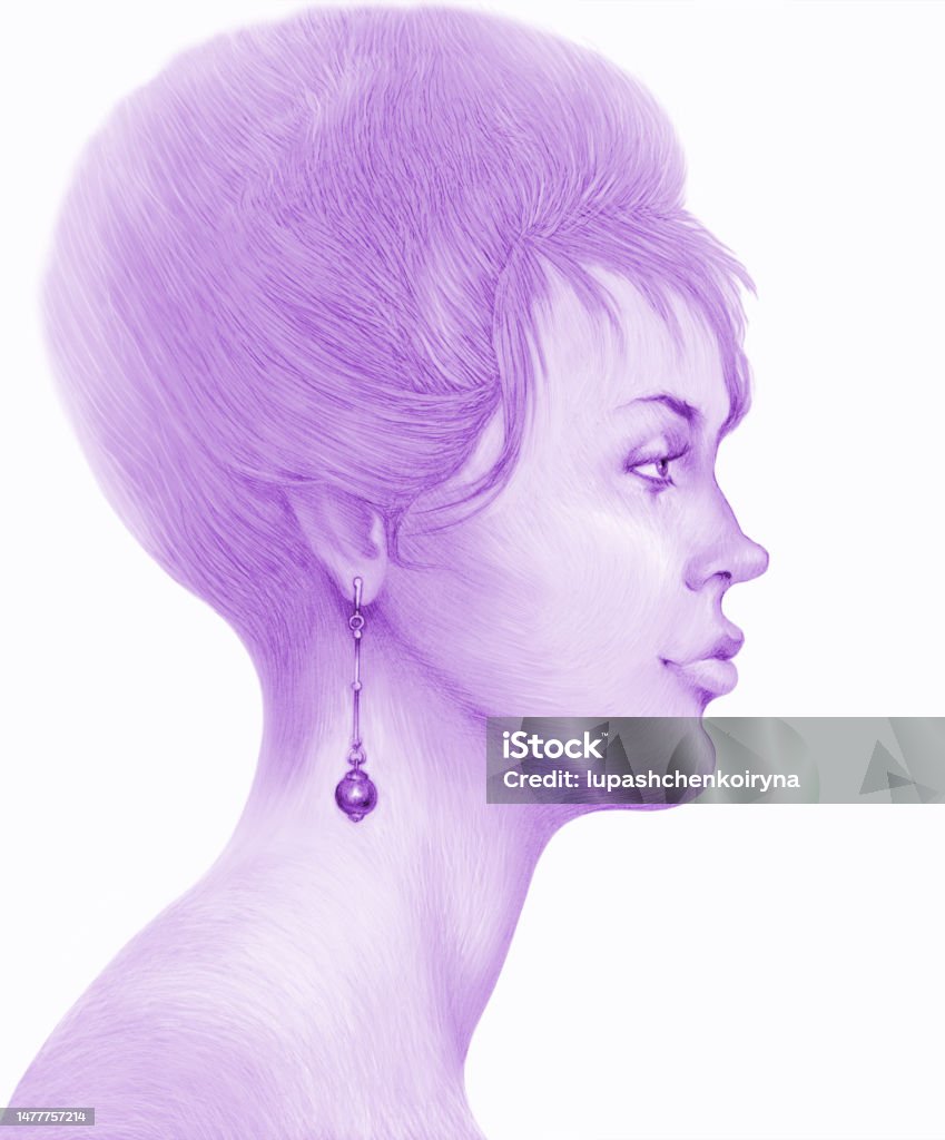 Ilustrasi Pensil Gambar Potret Profil Seorang Wanita Dengan Rambut