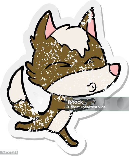 Autocollant En Détresse Dun Loup De Dessin Animé Sifflant Vecteurs