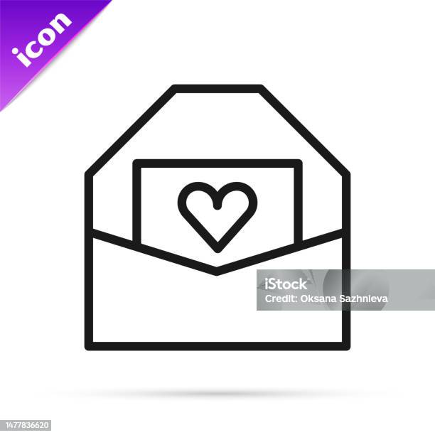 Schwarze Linie Umschlag Mit Valentine Herzsymbol Isoliert Auf Weißem