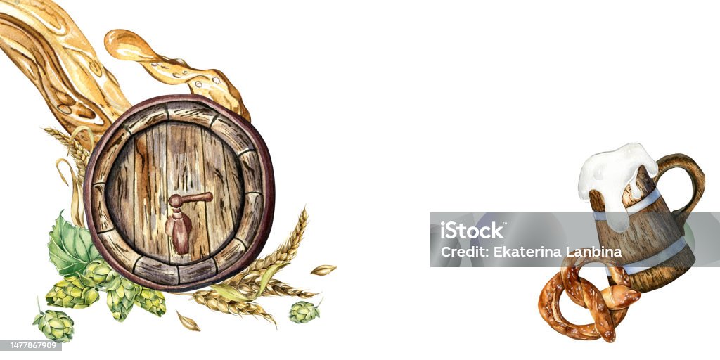 Wooden Beer Barrel And Splash Beer Watercolor Illustration Isolated On