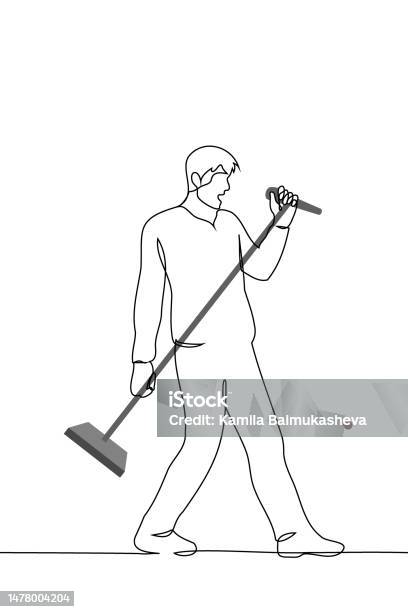 스탠드에 마이크를 들고 서 있는 전체 길이 남자 한 줄 그리기 벡터 공연 중 컨셉 싱어 라이브 노래 노래방 애호가 가수에 대한