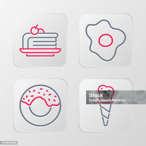Vetores De Linha Set Sorvete Em Cone De Waffle Donut Ovos Mexidos E