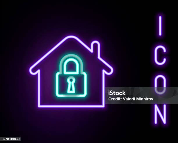 Ligne Néon Brillante Maison Sous Icône De Protection Isolée Sur Fond