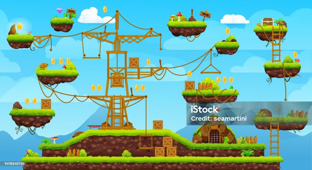 2d Arcade Game Level Map Interface With Platforms Stock Illustration