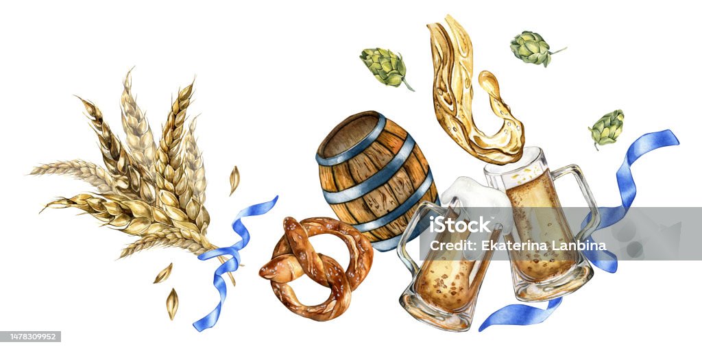 Wooden Beer Barrel And Splash Beer Watercolor Illustration Isolated On