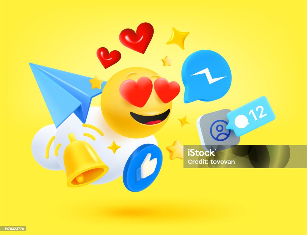 Éléments De Médias Sociaux Avec Avion Emoji Étoiles Cœurs Illustration