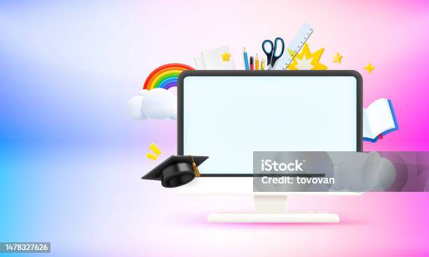 Monitor Komputer Dengan Elemen Pendidikan Dan Layar Kosong Spanduk