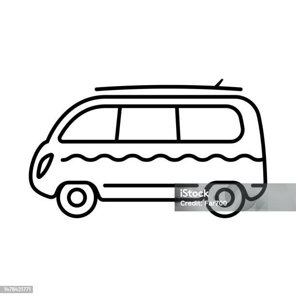 Minibus Icon Minivan Camper Black Contour Linear Silhouette Side View