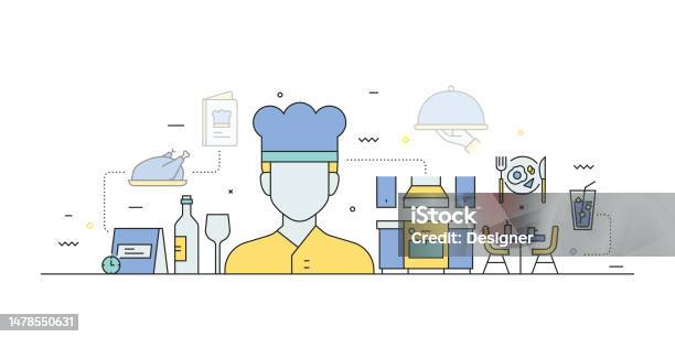 Desain Banner Line Style Terkait Restoran Untuk Halaman Web Judul