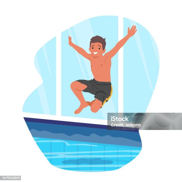 Un Jeune Personnage Saute Dans Leau Cristalline De La Piscine Enfant