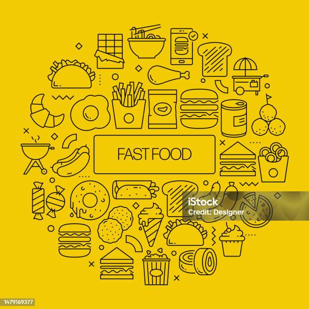 Fast Food Web Banner With Linear Icons Trendy Linear Style Vector Stock