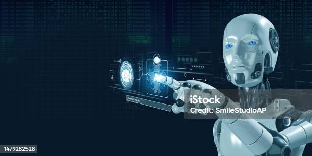 Robot Working With Digital Display Internet Connection Controlled By Ai Robot Humanoid And