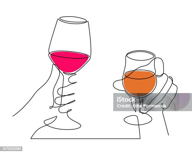 Les Mains Tiennent Le Verre De Vin Cliquetant Une Ligne Dart Contour De