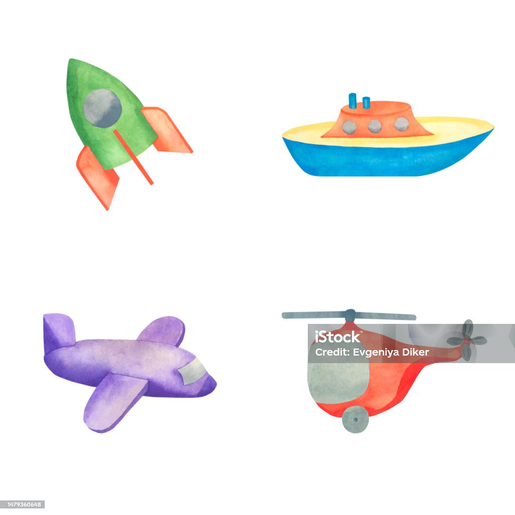 Jouets Pour Enfants Illustration À Laquarelle Dune Fusée Dun Bateau Dun