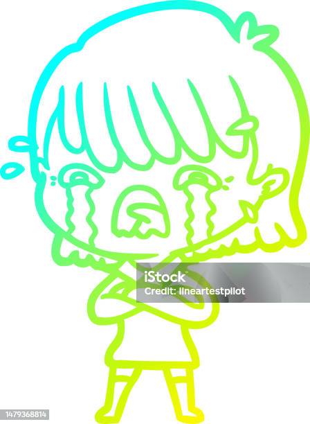 Dessin Au Trait Dégradé Froid Dune Fille De Dessin Animé Pleurant