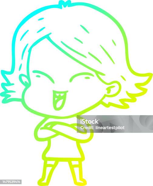 Dessin Au Trait Dégradé Froid Dune Fille De Dessin Animé Heureuse