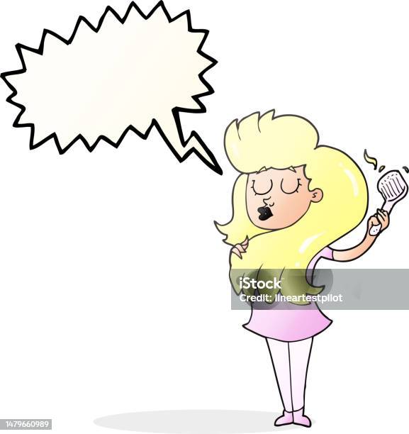 Freehand Drawn Speech Bubble Cartoon Woman Brushing Hair Stock