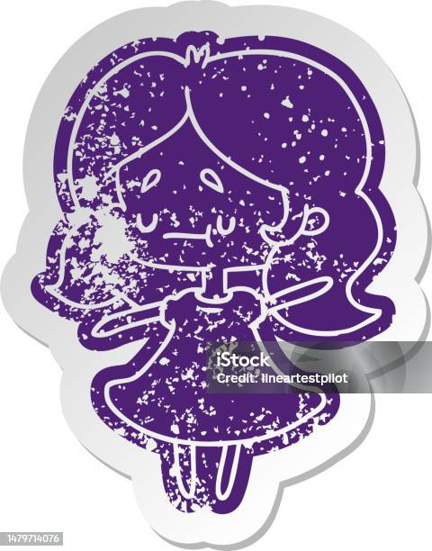 Vieux Autocollant De Dessin Animé En Détresse Dune Jolie Fille Kawaii