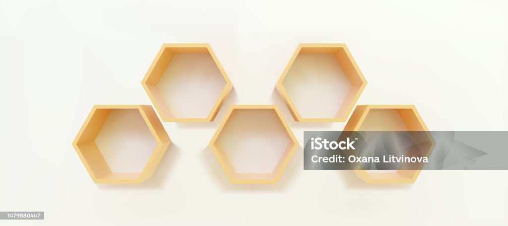 Rak Segi Enam Kosong Krem Di Mockup 3d Dinding Putih Ilustrasi Stok