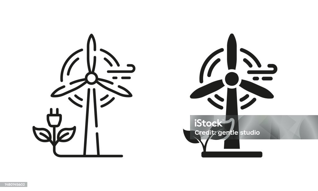 Ecology Windmill Line And Silhouette Icon Set Eco Renewable Green
