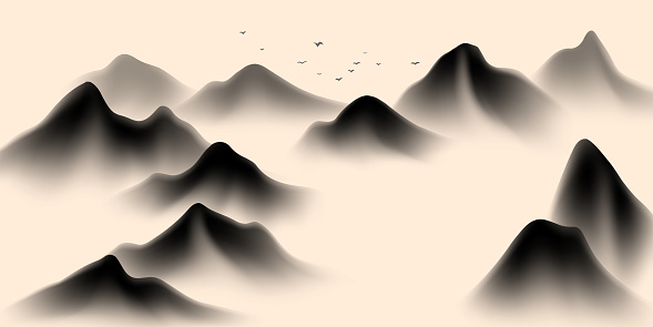 Ilustrasi Vektor Desain Modern Dari Lukisan Pemandangan Tinta Cina Yang