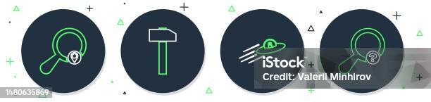 Set Line Hammer Ufo Flying Spaceship And Alien Search Location And ... Set Line Hammer Ufo Flying Spaceship And Alien Search Location And ...