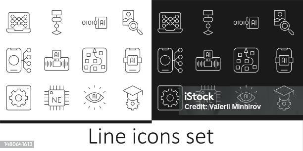 Set Line Graduation Cap Artificial Intelligence Ai Binary Code Neural Network And Algorithm Icon