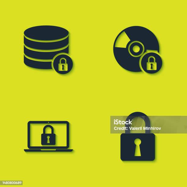 Set Server Security With Lock Lock Laptop And And Cd Or Dvd Disk Icon ... Set Server Security With Lock Lock Laptop And And Cd Or Dvd Disk Icon ...