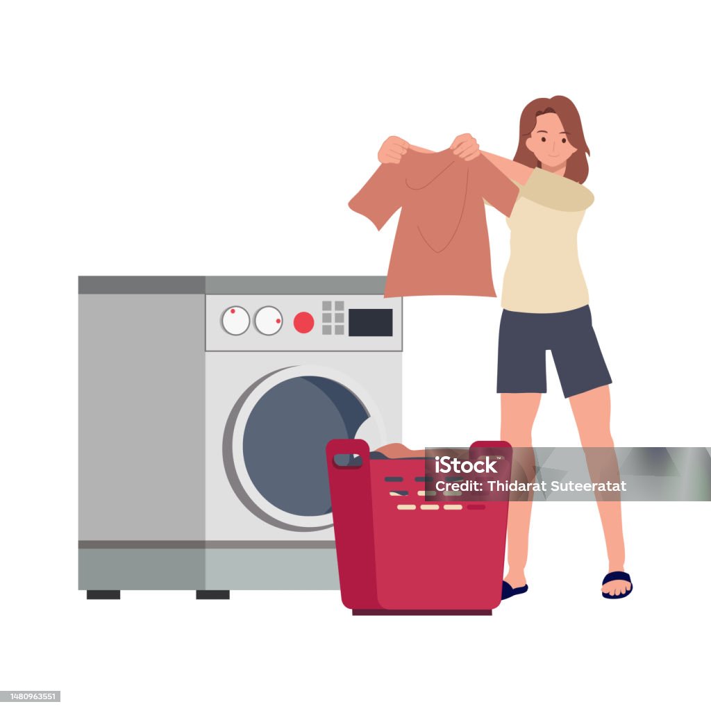 Konsep Binatu Seorang Wanita Sedang Mencuci Pakaian Melakukan Laundey Dengan Mesin Cuci Modern