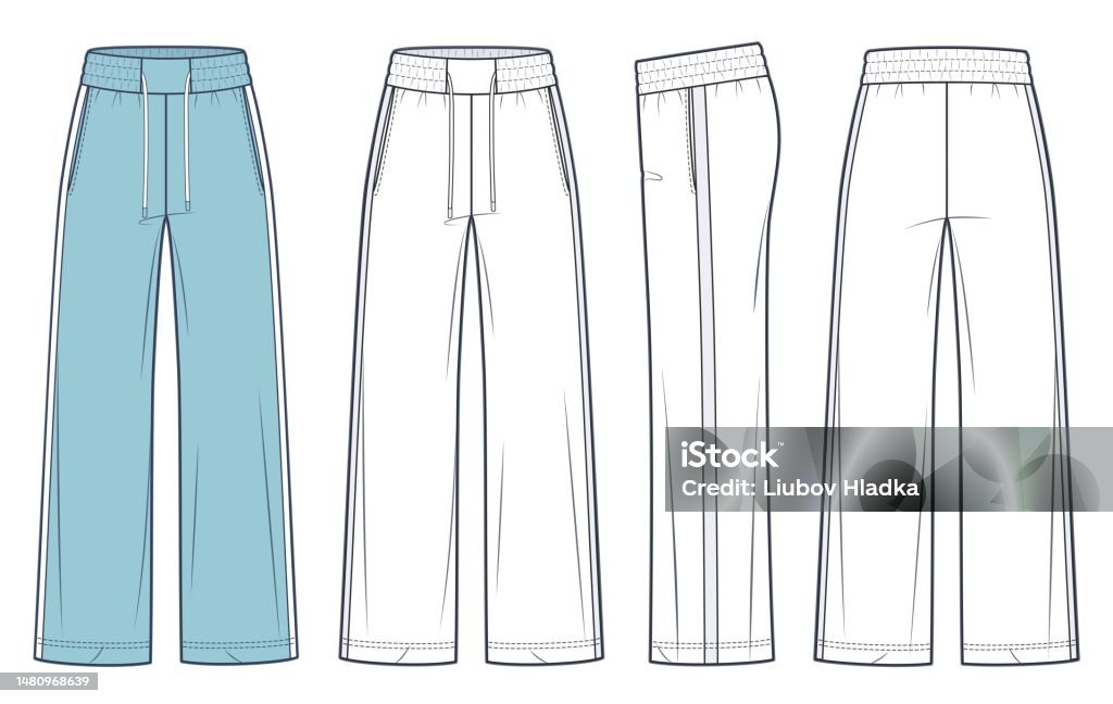 Striped Wide Leg Jogger Pants Fashion Flat Technical Drawing Template
