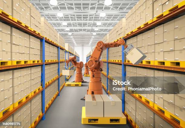 Pabrik Otomasi Atau Kargo Dengan 3d Rendering Lengan Robot Membawa