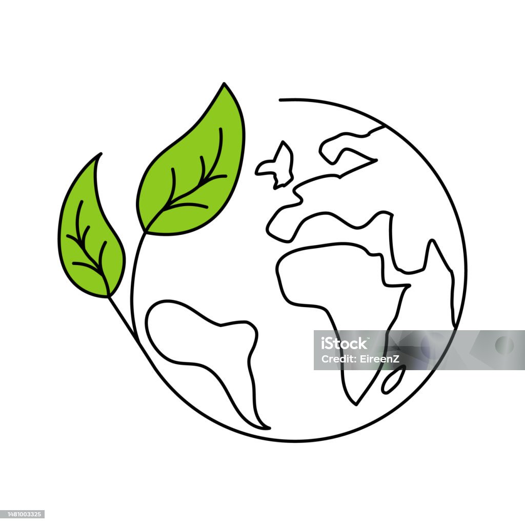 Icône Linéaire Vectorielle Planète Terre Avec Des Feuilles Isolées Sur