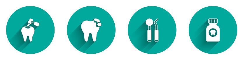 Set Dent Avec Carie Et Perceuse Dent Cassée Sonde Miroir Dentaire Et