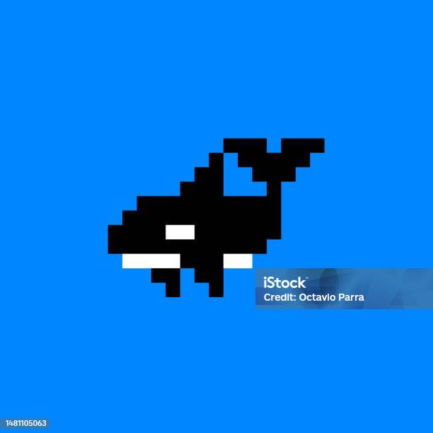 Pixel Art Étrange Baleine Bleue Avec Fontaine Sur Sa Tête Pour Licône