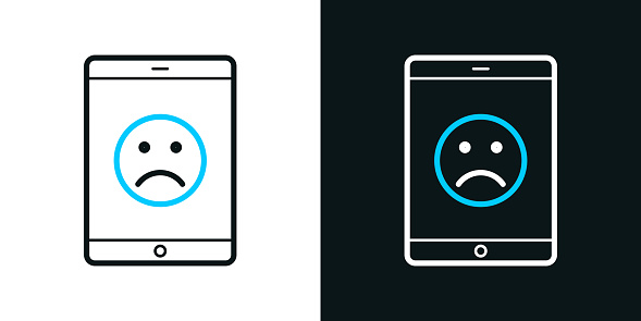 Tablet Pc Avec Emoji Triste Icône De Ligne Bicolore Sur Fond Noir Ou
