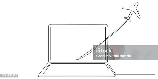 Ordinateur Portable Avec Dessin Au Trait Continu Davion Volant Vecteurs
