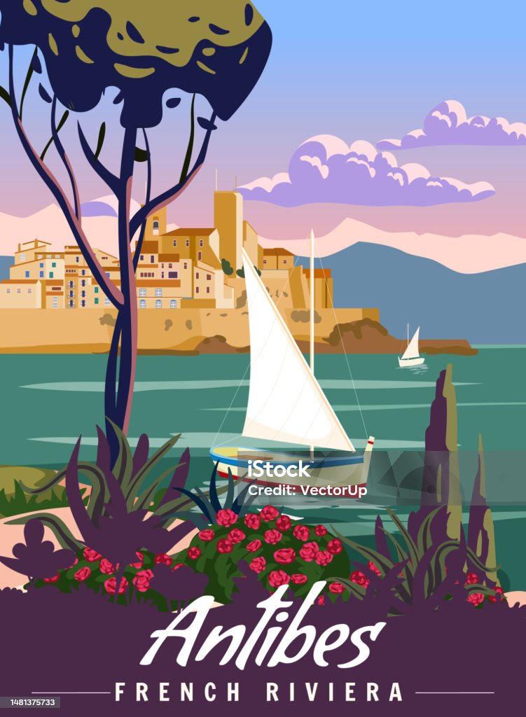 French Riviera Antibes Retro Poster Tropical Coast Scenic View Palm