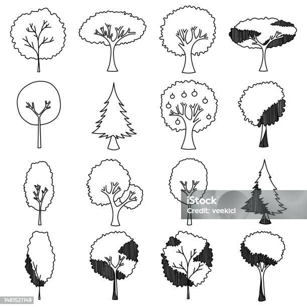 Jeu Dicônes Vectorielles Tree Doodle Croquis De Dessin Illustration