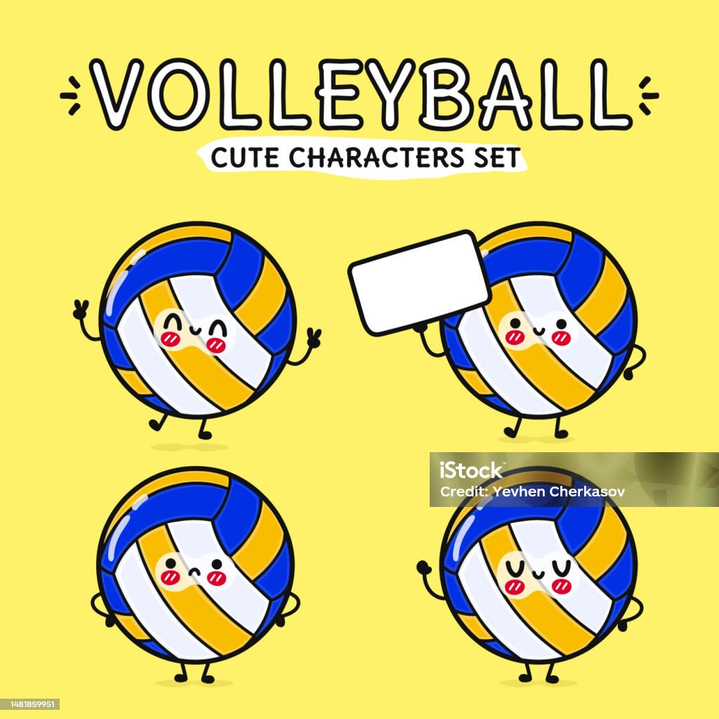 Funny Cute Happy Volleyball Characters Bundle Set Stock Illustration