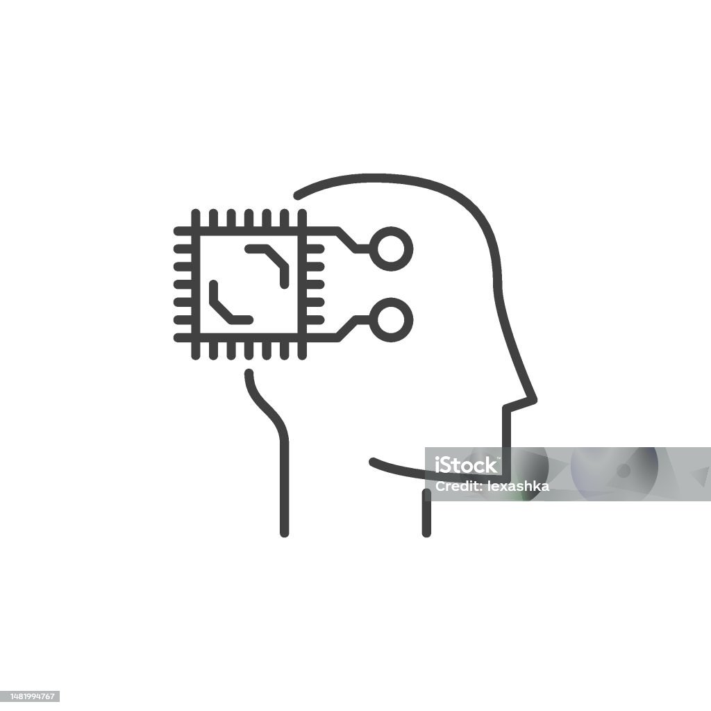 Tête Humaine Avec Puce Ai Ou Vecteur Cpu Icône Ou Signe De Ligne De