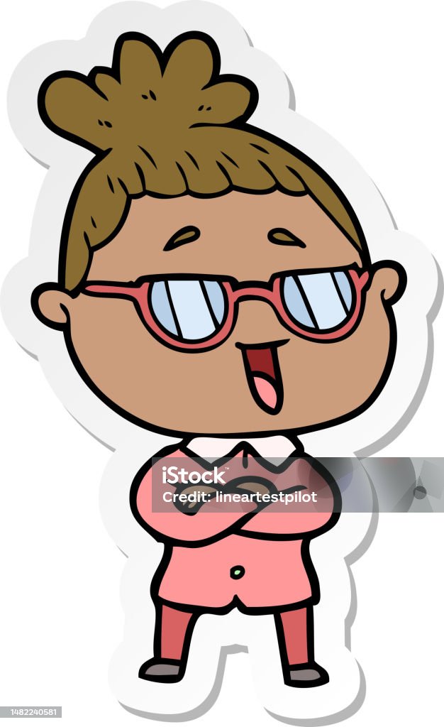 Stiker Kartun Happy Woman Memakai Kacamata Ilustrasi Stok Unduh