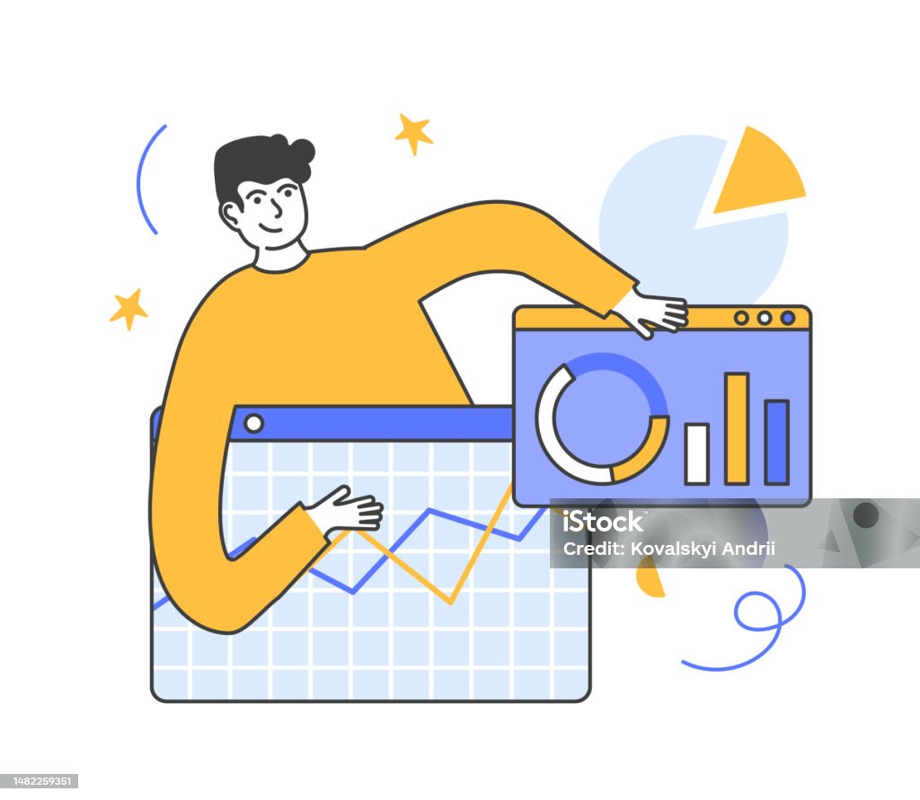Seo Analityc Scene Man And Browser Window With Statistic Data Online