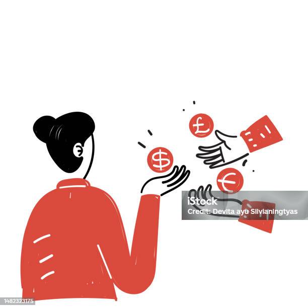 Tangan Digambar Doodle Orang Memegang Vektor Ilustrasi Koin Ilustrasi