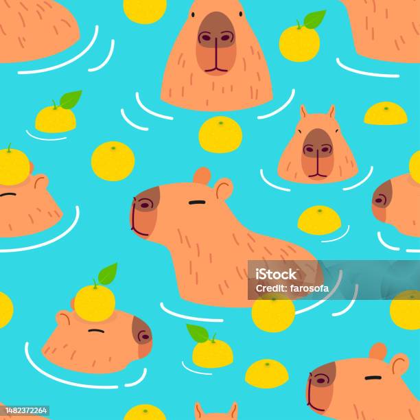 Cute Capybara Seamless Pattern Background Vector Design Capybara In