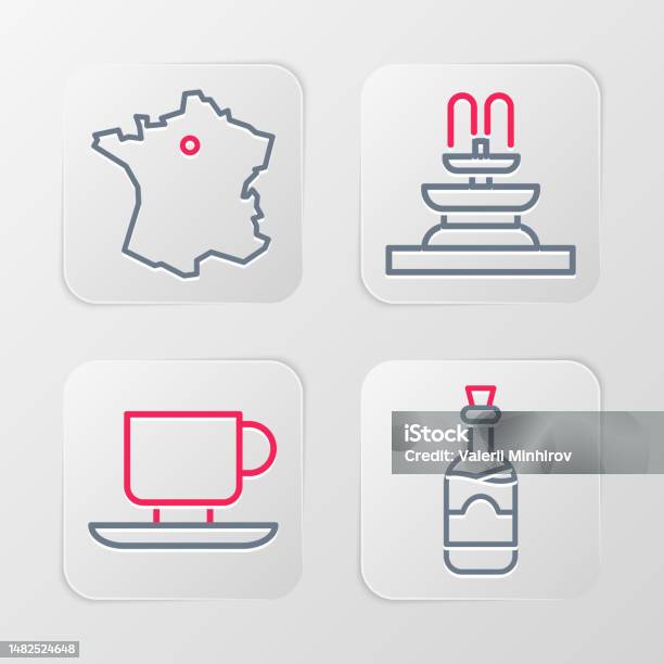 Définissez La Ligne Bouteilles De Vin Tasse De Café Fontaine Et Carte