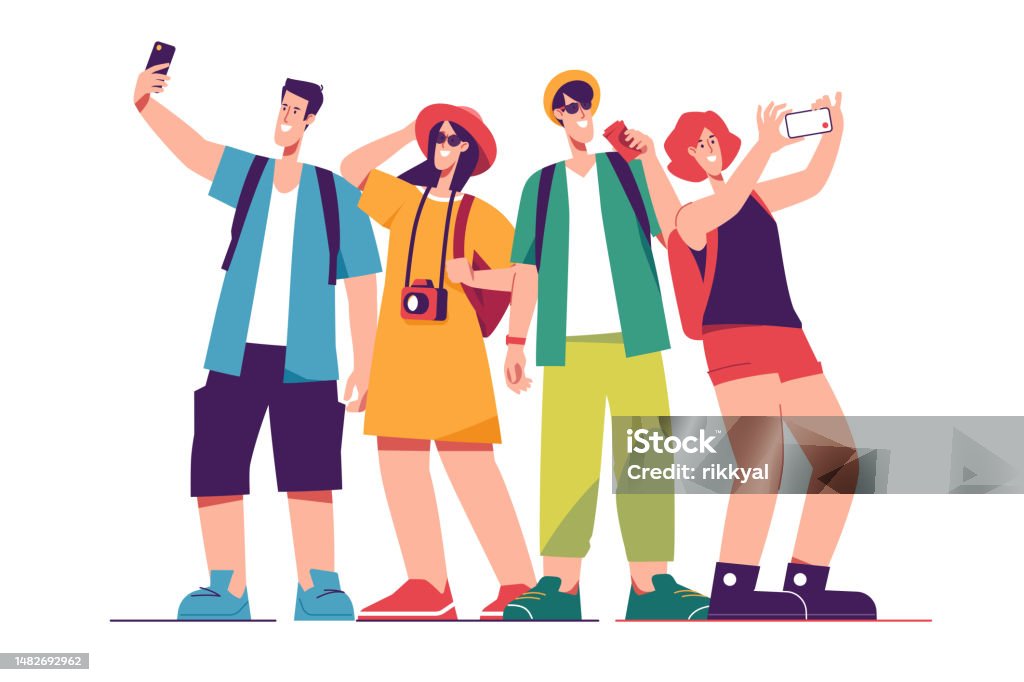 Vector Illustration Of A Group Of Happy Friends Tourists Travelers