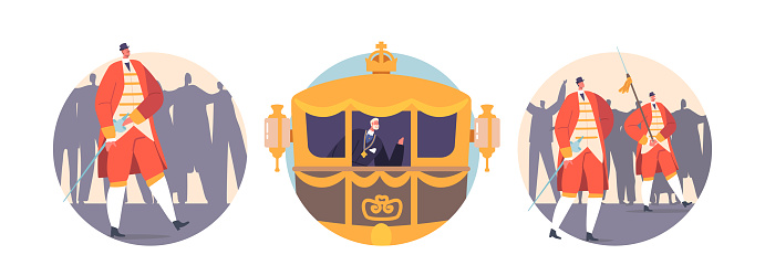 Isolated Round Icons With Monarch Waves At The Crowd While Riding In ... Isolated Round Icons With Monarch Waves At The Crowd While Riding In ...