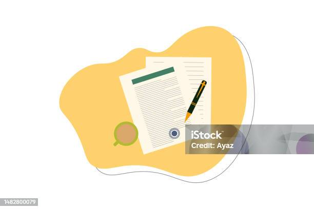 Ilustrasi Vektor Berwarna Halaman Kontrak Dengan Teks Dan Stempel Pena